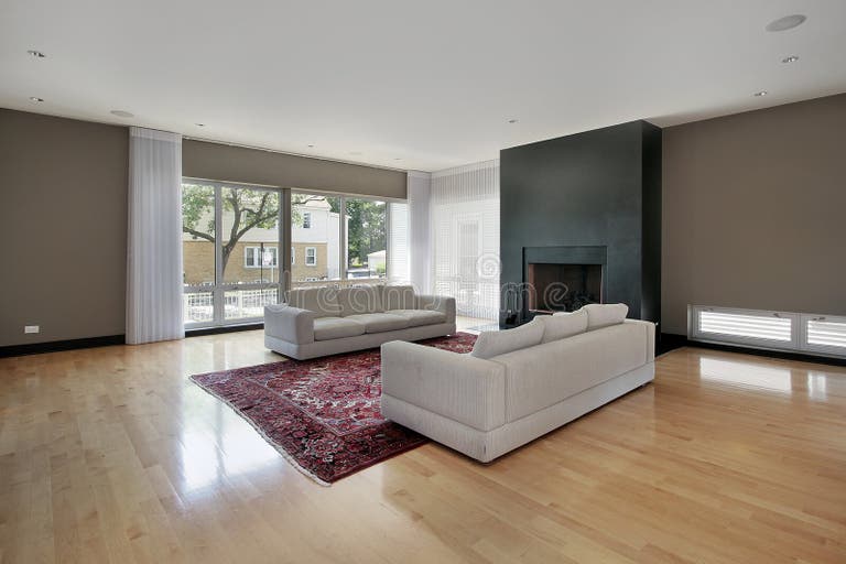 Living Room with Black Fireplace Stock Image - Image of living ...