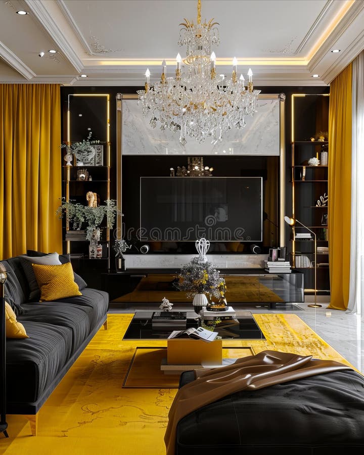 A Living Room with Black and Yellow Accents Stock Photo - Image of room ...