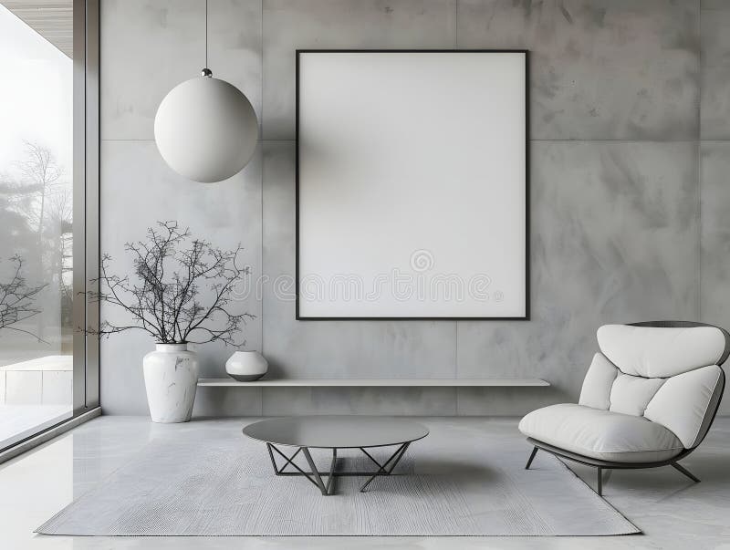 Living Room with Blank Wall Frame Mockup Stock Photo - Image of books ...