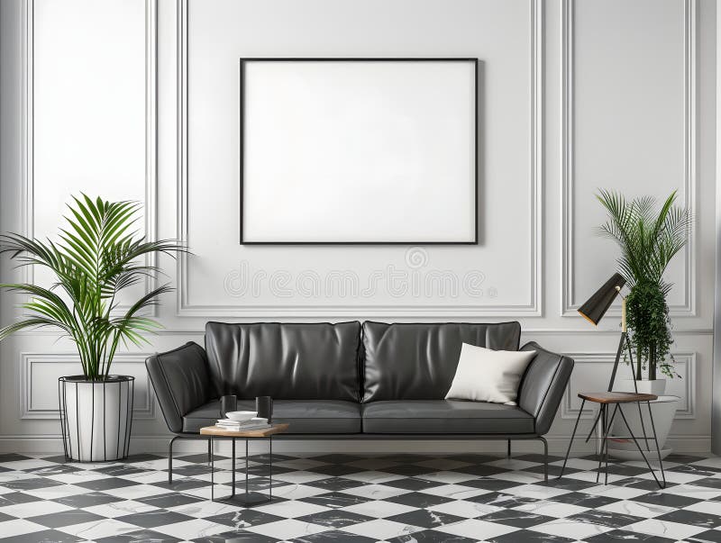 Living Room with Blank Wall Frame Mockup Stock Photo - Image of books ...