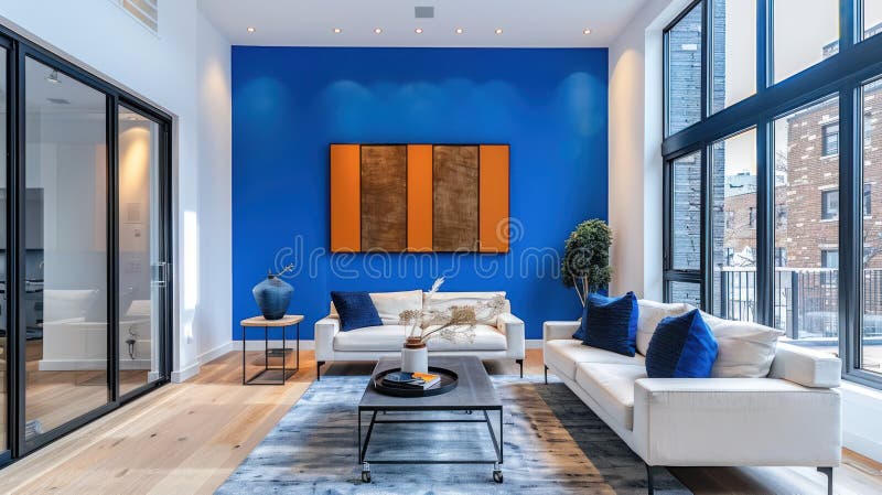 Living Room with a Blue Accent Wall Stock Photo - Image of generated ...