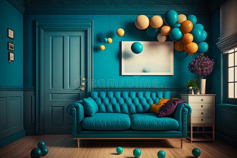Living Room with Blue Couch and Balloons. Generative AI Stock Image ...
