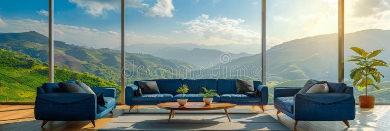 A Living Room with Blue Couches and a Large Window Overlooking the ...