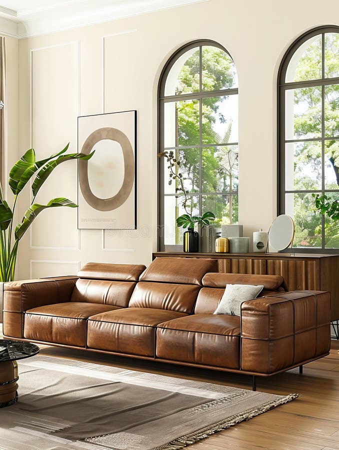 A Living Room with a Brown Leather Sofa Stock Image - Image of sofa ...