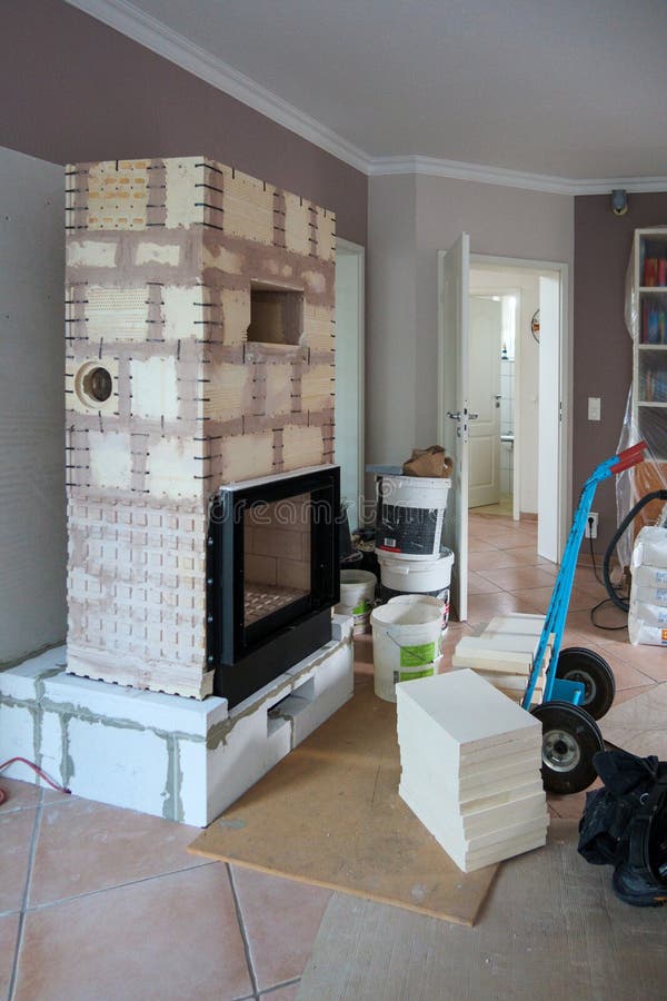 In a Living Room is Built a Tiled Stove Stock Image - Image of hardwood ...