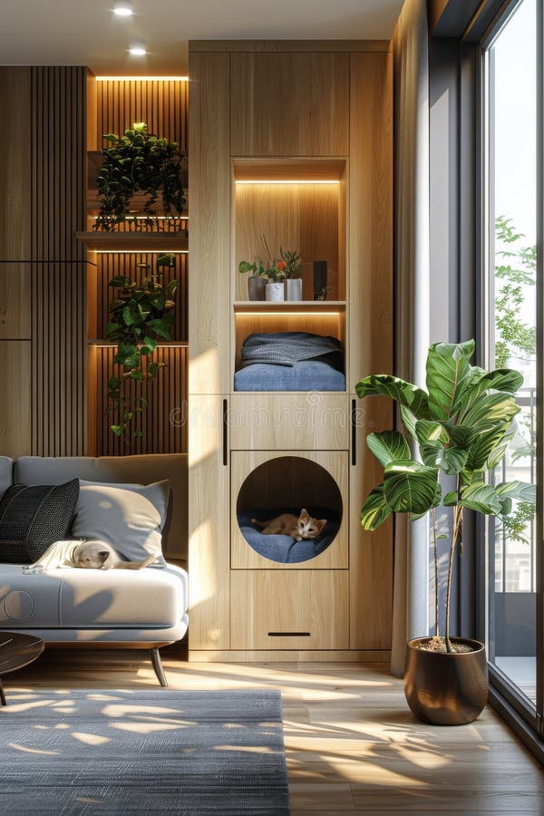 A Living Room with a Cat Bed and a Cat Inside Stock Photo - Image of ...