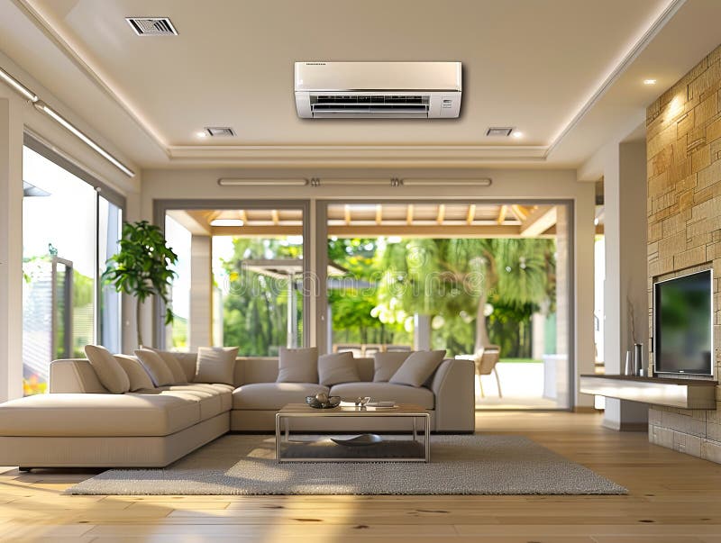 A Living Room with a Ceiling Air Conditioner Stock Image - Image of ...