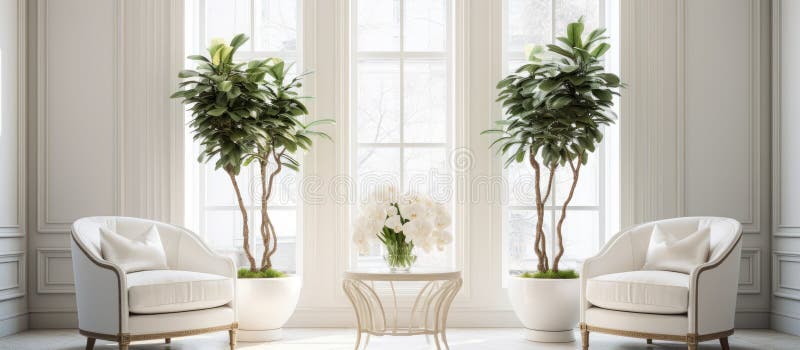 Living Room with Chairs, Table, Plants Cozy Interior Design Stock Image ...
