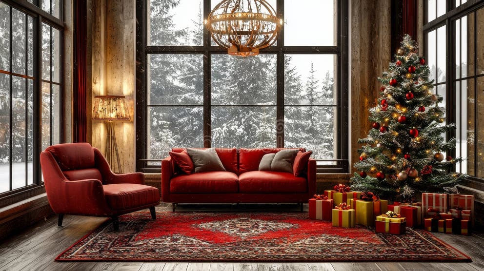 Living Room with Christmas Tree and Sofa Decorated for Christmas. Stock ...