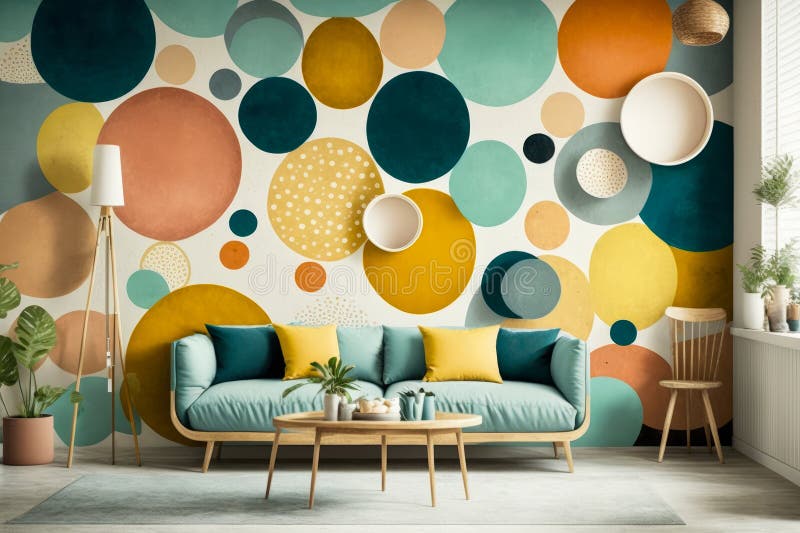 Living Room with Yellow Couch and Round Mirror on the Wall. Generative AI Stock Illustration ...