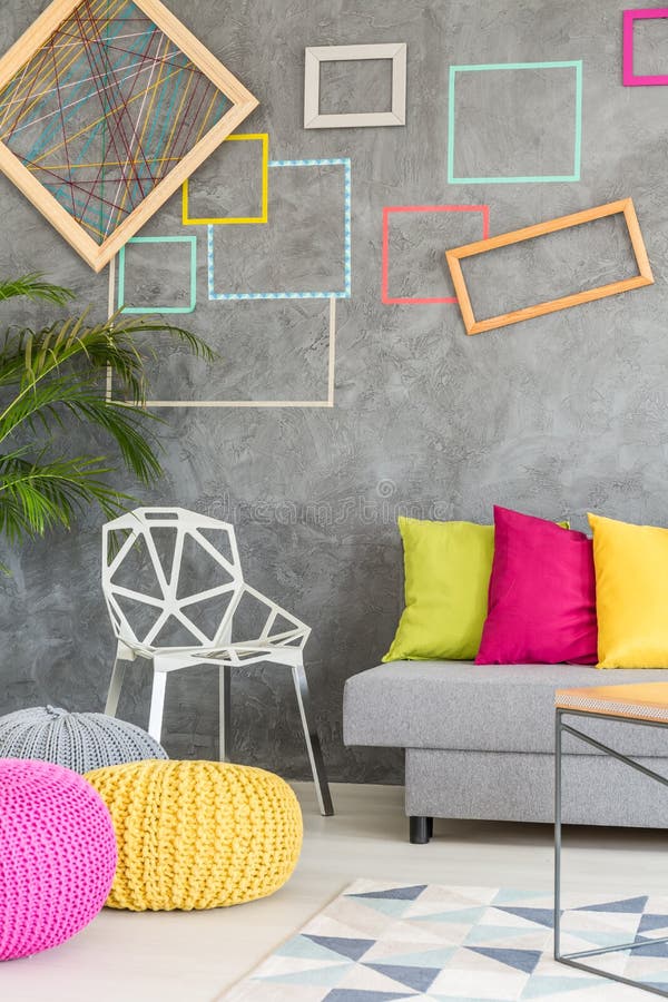 Living Room with Colorful Frames Stock Image - Image of idea, home ...