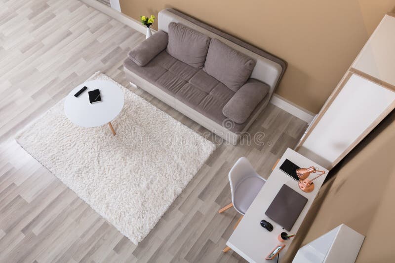 Living Room with Computer Desk and Sofa Stock Photo - Image of flat ...