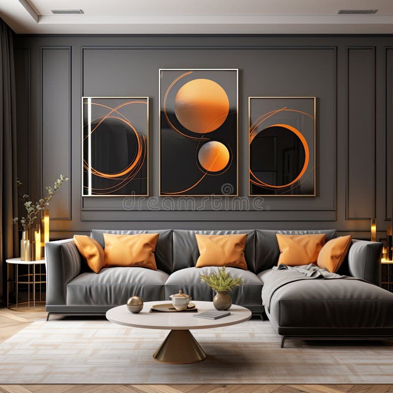 A Living Room with a Couch and Art on the Wall Stock Illustration ...