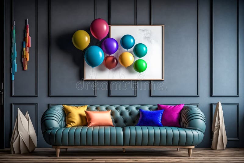 Living Room with Couch and Balloons on the Wall. Generative AI Stock ...