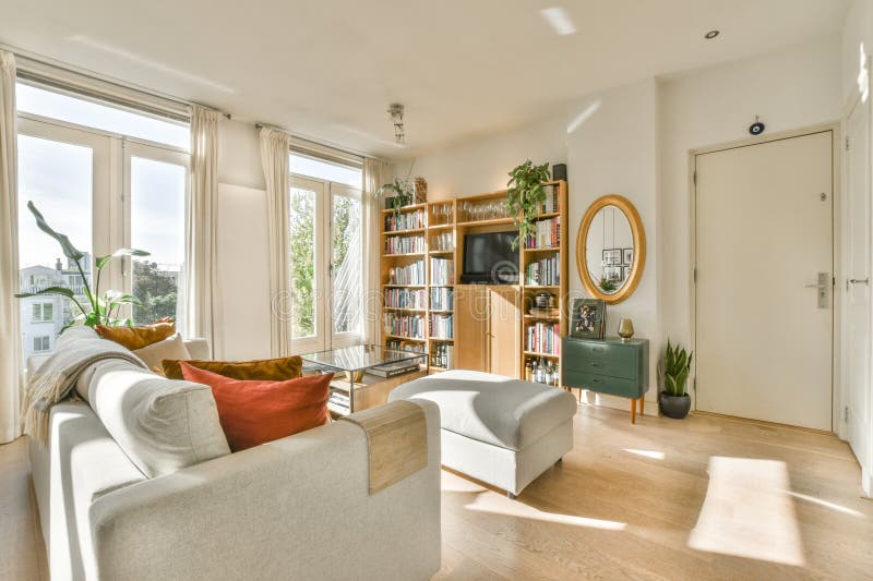 A Living Room with a Couch and a Book Shelf Editorial Image - Image of ...