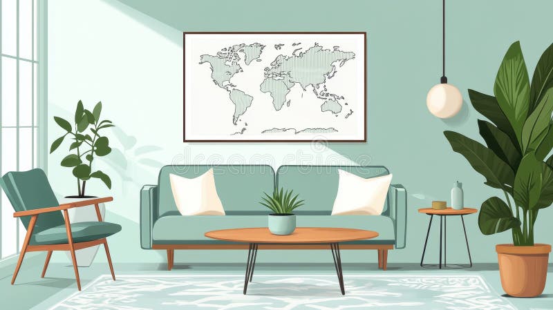 A Living Room with a Couch, Chair, Table and a Map Stock Illustration ...