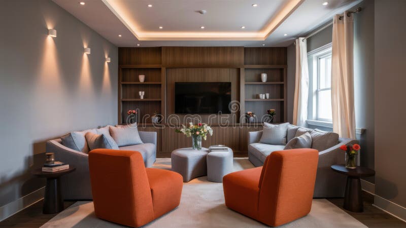 A Living Room with a Couch, Chairs and Ottoman in Front of the Tv, AI ...
