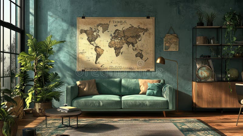 A Living Room with a Couch and a Map on the Wall Stock Illustration ...