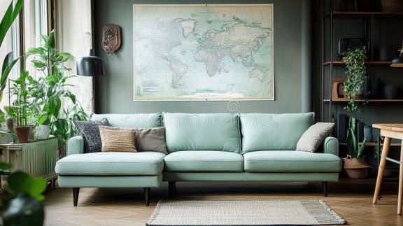 A Living Room with a Couch and a Map on the Wall Stock Illustration ...