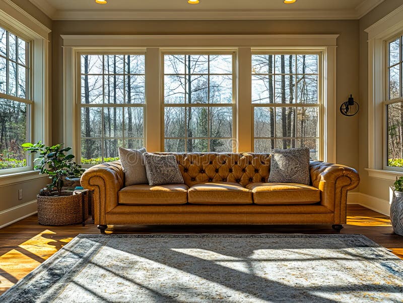 A Living Room with a Couch and a Rug in Front of Large Windows Stock ...