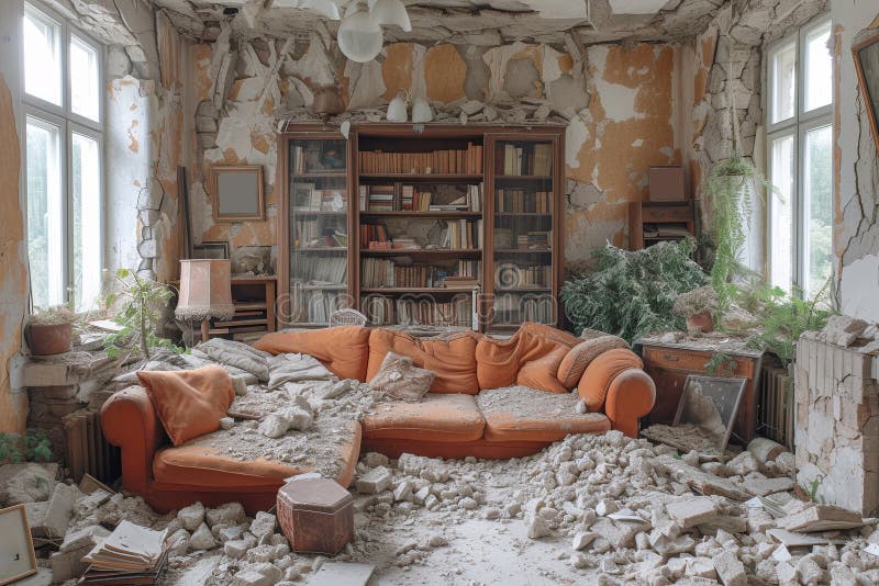 Living Room with a Couch is in a State of Disarray after the Earthquake ...