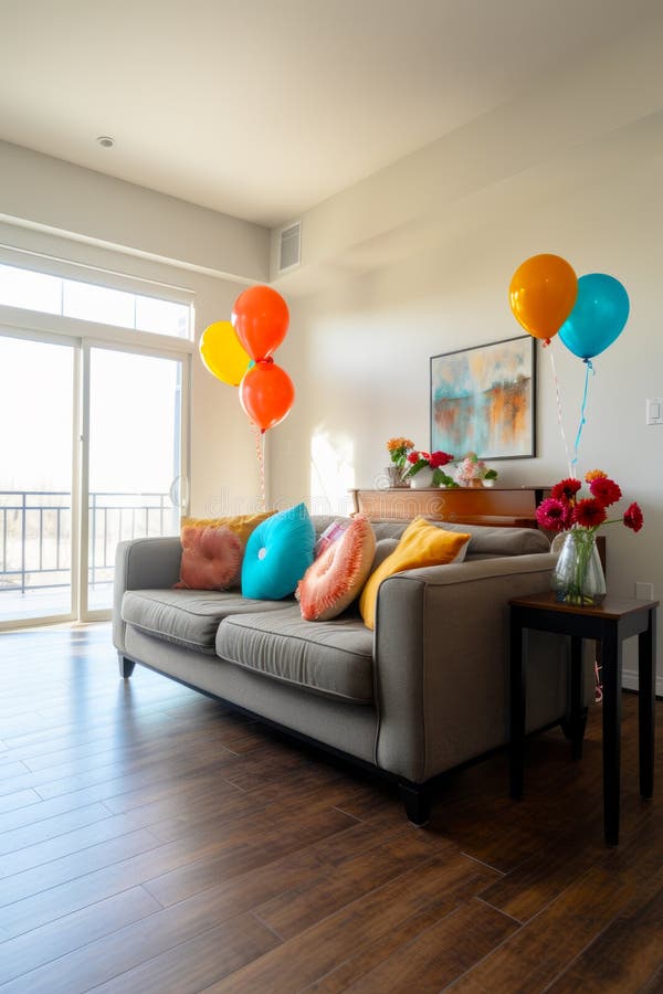 Living Room with Couch, Table, and Balloons in the Air. Generative AI ...