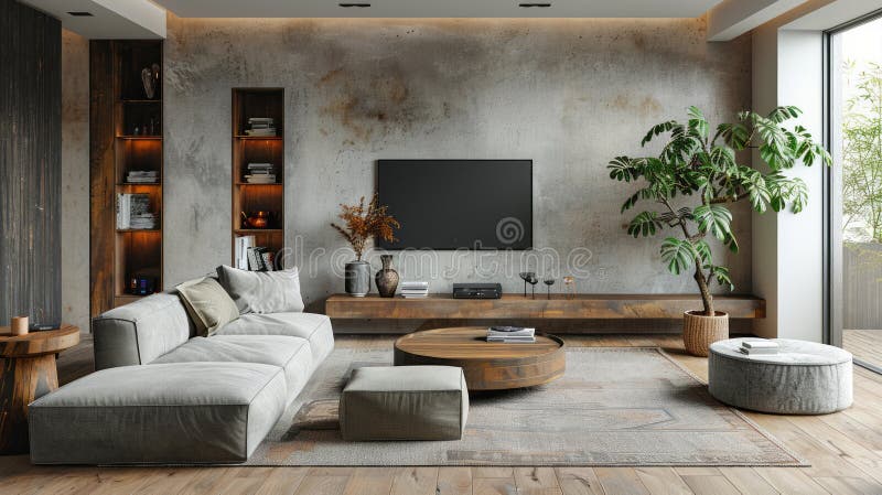 Living Room with Couch, Table, and TV Stock Photo - Image of design ...