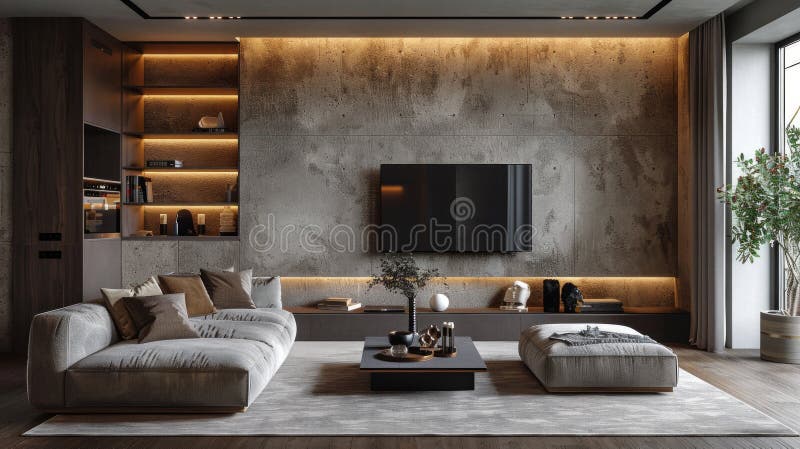 Living Room with Couch, Table, and TV Stock Photo - Image of decor ...