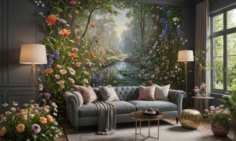 Living Room with Couch and Wall Mural Stock Image - Image of decor ...