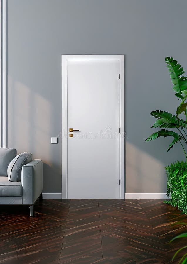 A Living Room with a Couch and a White Door Stock Photo - Image of ...