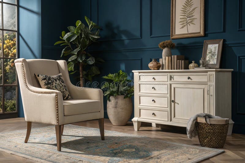 Living Room Decor with Blue Wall and Commode Stock Illustration ...