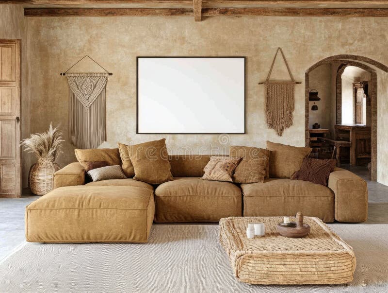 The Living Room, Decorated in Boho Chic Style, Contains a White Sofa ...