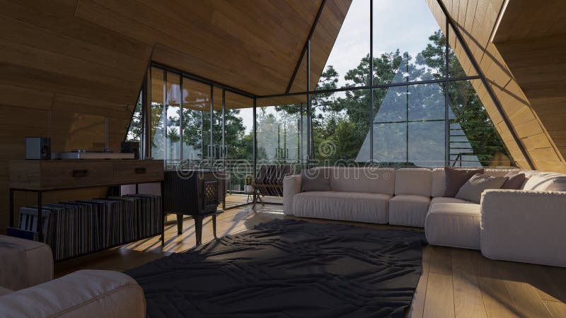 Living Room and the Balcony of a Triangular House on the Hillside Stock ...