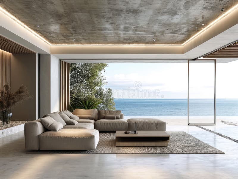 Living Room Design in a Modern Style with a Prominent Sea View Inside a ...