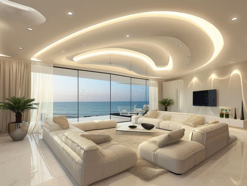 Living Room Design in a Modern Style with a Prominent Sea View Inside a ...