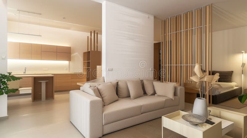 A Living Room with a Room Divider, a Couch and a Table Stock Image ...