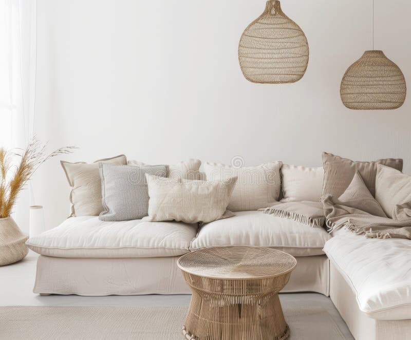 Cozy Boho Living Room with Woven Decor and Neutral Tones Stock ...