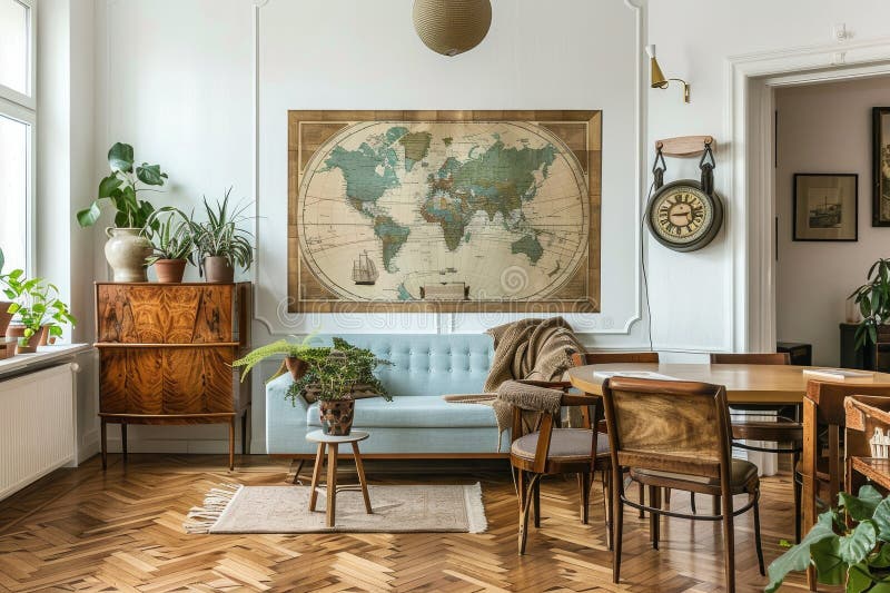Living Room Features a Green Couch and a World Map on the Wall Stock ...