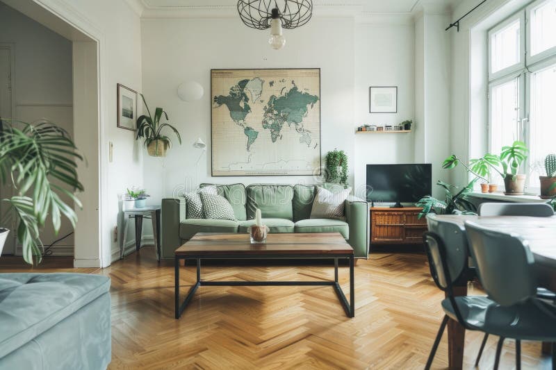 Living Room Features a Green Couch and a World Map on the Wall Stock ...