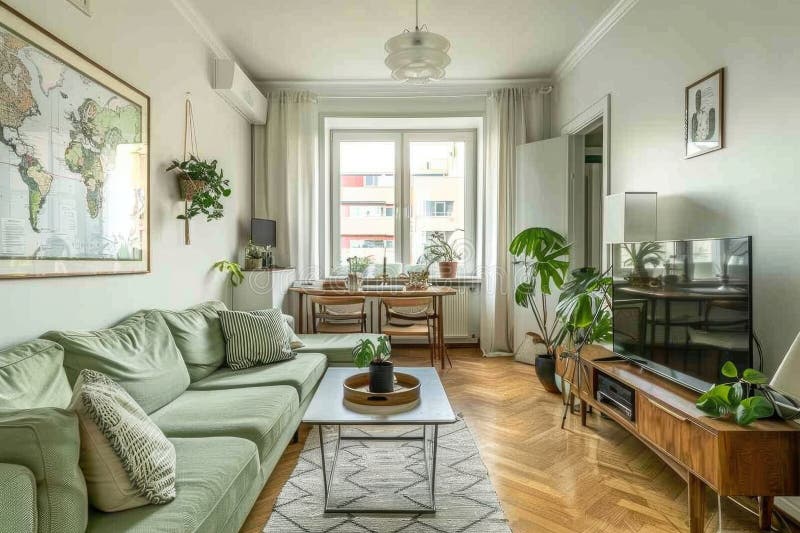 Living Room Features a Green Couch and a World Map on the Wall Stock ...