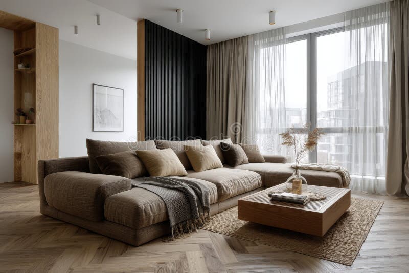 A Spacious Living Room with a Large Couch and a Coffee Table Stock ...