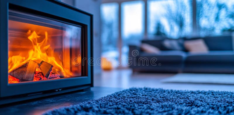 A Living Room Featuring a Fireplace with a Roaring Fire Stock Image ...