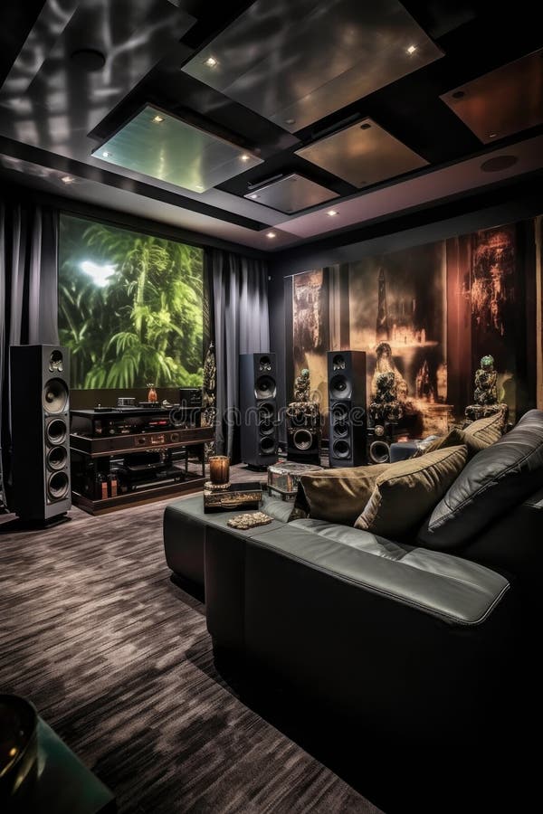Living Room Featuring an Impressive Home Theater System Stock ...