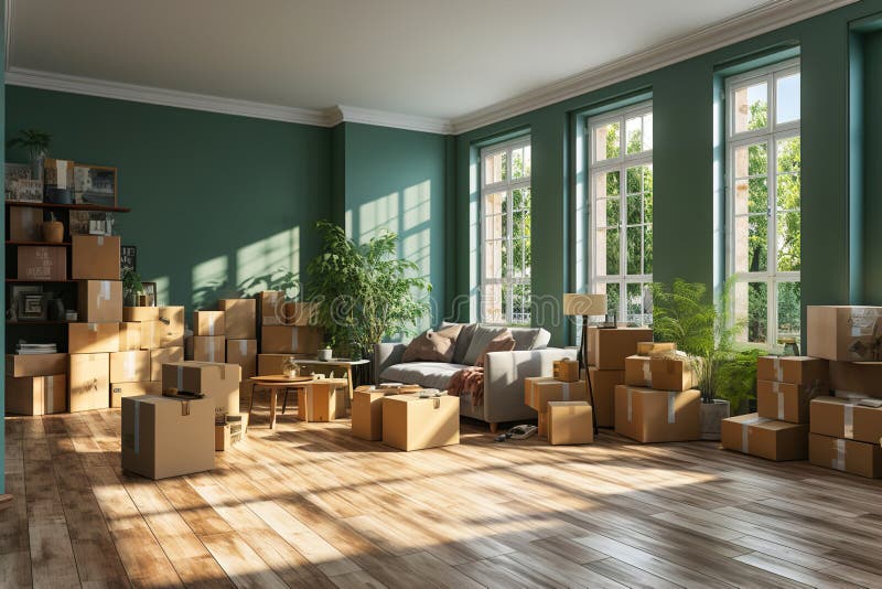 A Living Room Filled with Lots of Boxes Packaging for Moving Stock ...