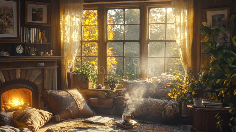 A Living Room with a Fire Burning in the Fireplace and Windows Open, AI ...