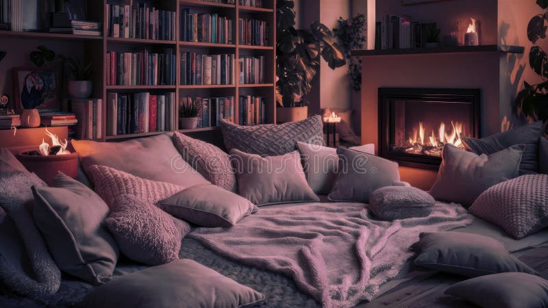 A Living Room with a Fire Place and Lots of Pillows, AI Stock Photo ...