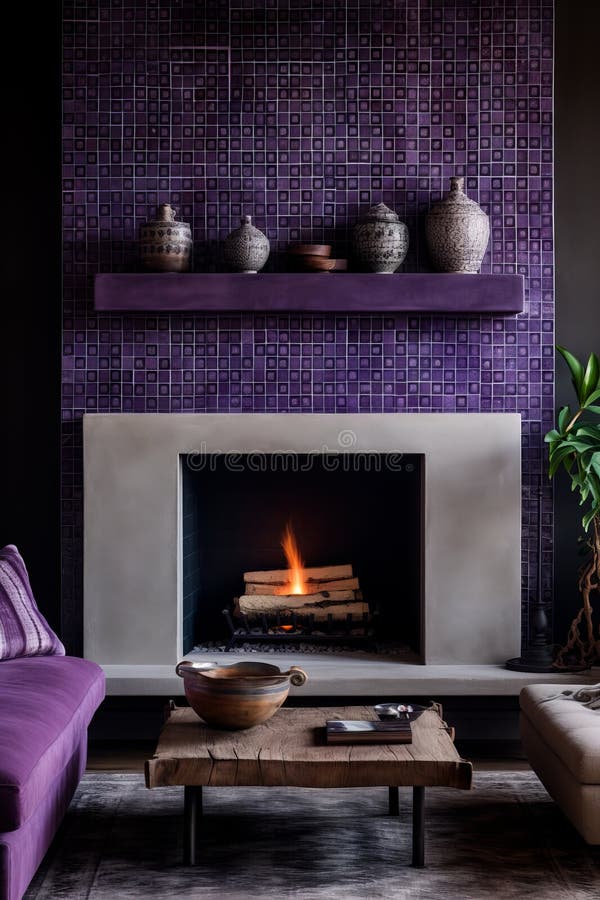 Living Room with Fire Place and Purple Couch. Generative AI Stock Image ...