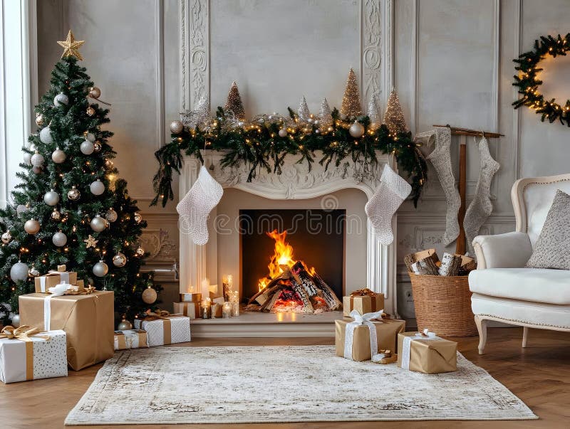 A Living Room with a Fireplace, a Crackling Fire and Christmas Stock ...