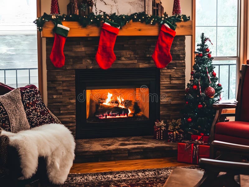 A Living Room with a Fireplace, a Crackling Fire and Christmas Stock ...