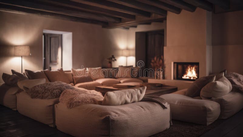 A Living Room with a Fireplace and Large Couch in the Middle, AI Stock ...